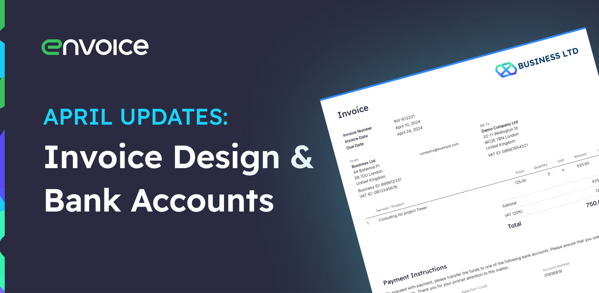 Sleek New Invoice Design and Enhanced Bank Account Support - Envoice